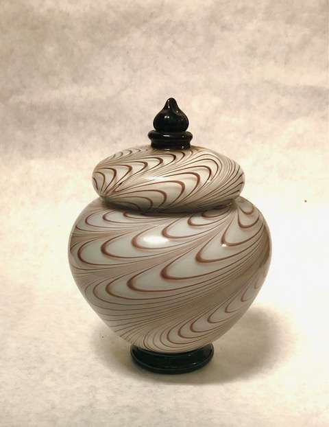 White opal Urn with red purple lines - Strini Art Glass